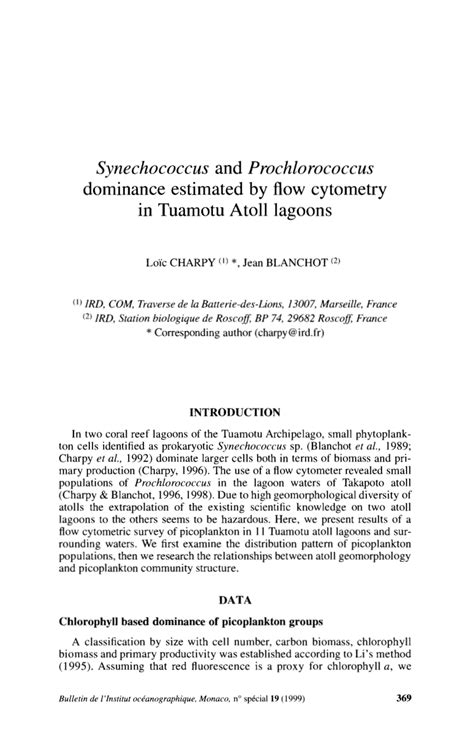 Pdf Synechococcus And Prochlorococcus Dominance Estimated By Flow Cytometry In Tuamotu Atoll