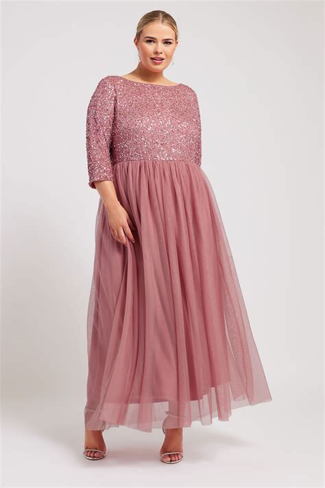 Luxe Plus Size Dark Pink Sequin Hand Embellished Maxi Dress Yours