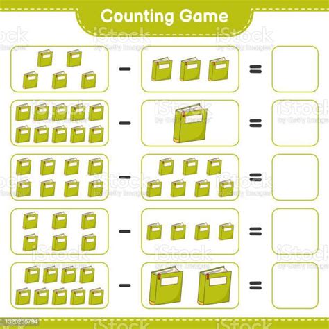 게임을 계산하고 책 수를 계산하고 결과를 작성합니다 교육 어린이 게임 인쇄 워크 시트 벡터 일러스트레이션 0명에 대한 스톡 벡터