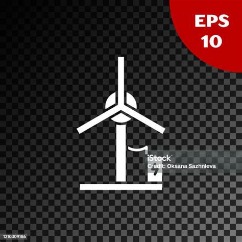 투명 한 어두운 배경에 격리 된 흰색 바람 터빈 아이콘입니다 풍력 발전기 기호입니다 전력 생산을 위한 풍차 벡터 일러스트레이션