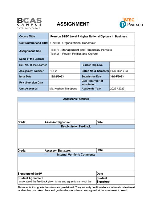 Ob Final Assignment Brief Hnd B 51 Assessors Feedback Grade Assessor Signature Date