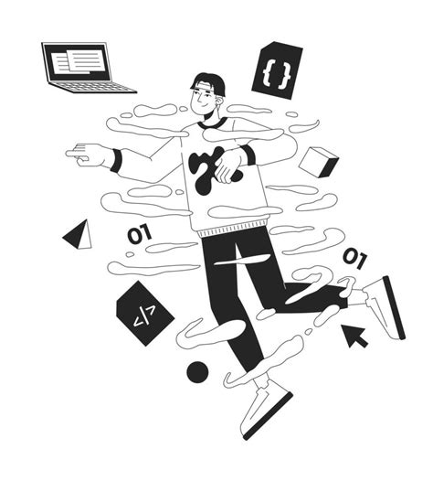 Asian Man Web Developer In Coding Whirlpool Black And White D Illustration Concept Programmer