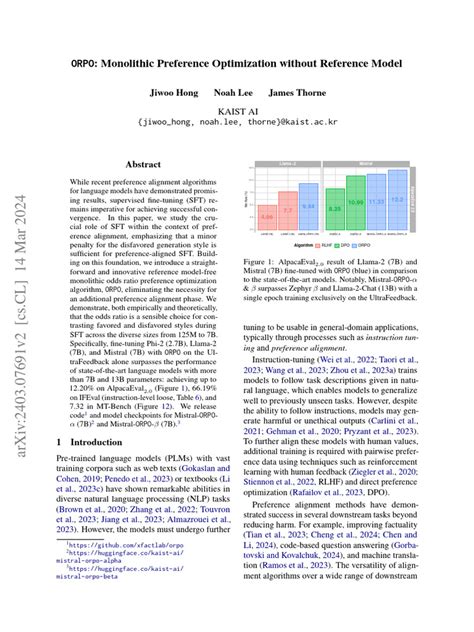 Orpo Monolithic Preference Optimization Without Reference Model Pdf Machine Learning