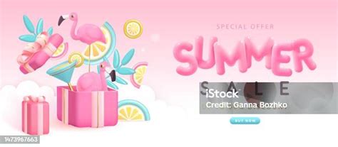 여름 큰 판매 타이포그래피 포스터 3d 플라스틱 텍스트 플라밍고 및 선물 상자 여름 배경입니다 벡터 그림입니다 3차원 형태에 대한 스톡 벡터 아트 및 기타 이미지 Istock