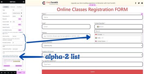 add country code in telephone field of elementor form