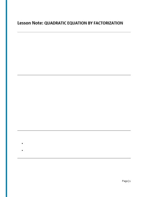 Lesson Note Quadratic Equation By Factorization Pdf Factorization Quadratic Equation
