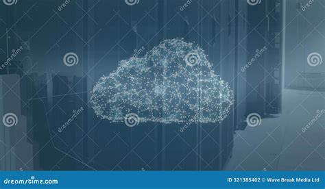 image of connected dots forming cloud and graphs over data server racks