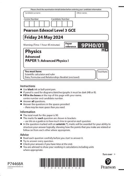 2024 GCE Pearson Edexcel Level Physics Advanced PAPER 1 Advanced Physics I Combined Question