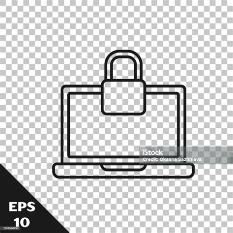 검은 선 노트북과 투명 한 배경에 격리 된 잠금 아이콘 컴퓨터 및 자물쇠 보안 안전 보호 개념 안전한 인내 벡터 일러스트레이션 0명에 대한 스톡 벡터 아트 및 기타 이미지