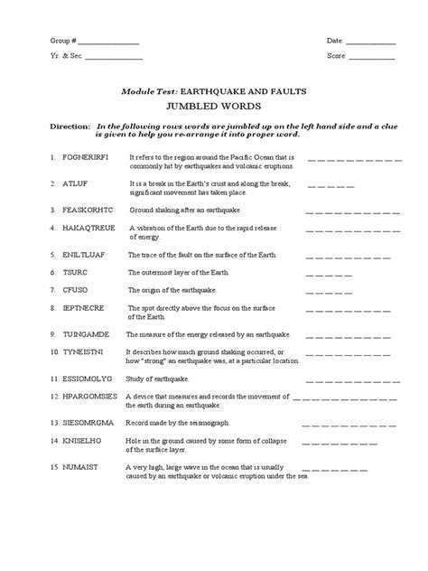 earthquake module test jumbled words pdf