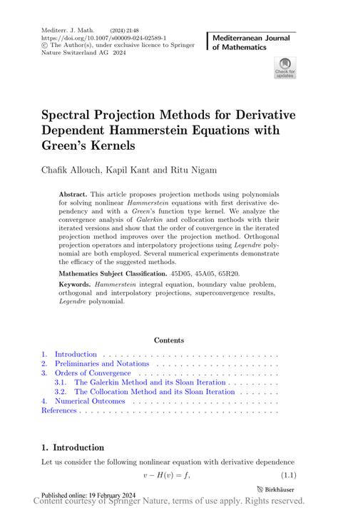 spectral projection methods for derivative dependent hammerstein