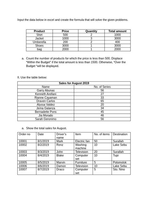 Input The Data Below In Excel And Create The Formula That Will Solve The Given Problems Pdf