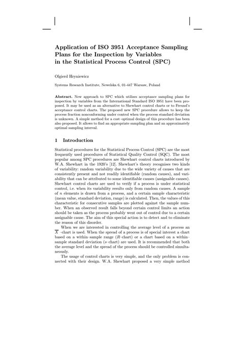 Pdf Application Of Iso 3951 Acceptance Sampling Plans To The Inspection By Variables In