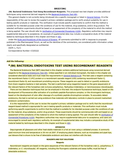 Usp 86 Bacterial Endotoxins Tests Using Recombinant Reagents Pdf Ph Concentration