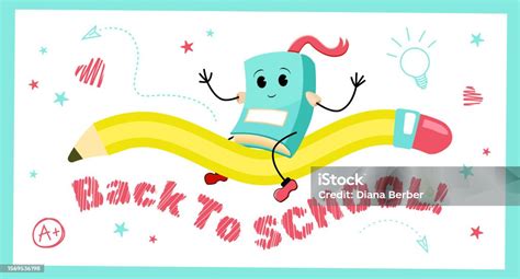 물결 모양의 연필이 하늘을 날고 있는 학교 배너와 그것을 타고 있는 책 캐릭터 학교 웹 사이트 및 시장을 위한 벡터 그림입니다 0명에 대한 스톡 벡터 아트 및 기타 이미지