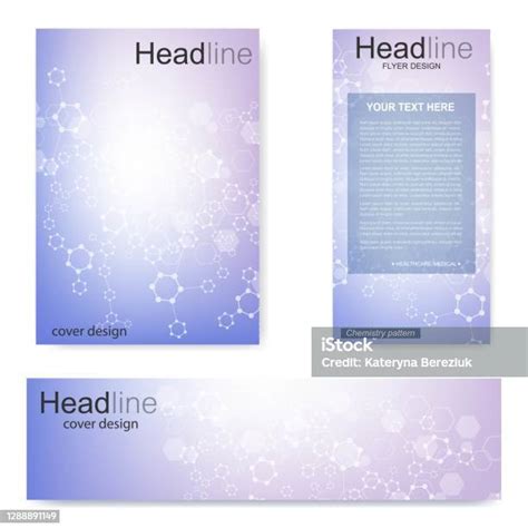 전단지 브로셔 크기 A4 템플릿 배너를 설정합니다 연결된 선과 점이 있는 분자 구조 잡지 전단지 커버 포스터 디자인에 대한