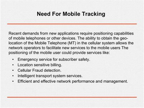 Tracking And Positioning Of Mobile Systems In Telecommunication Networks Ppt