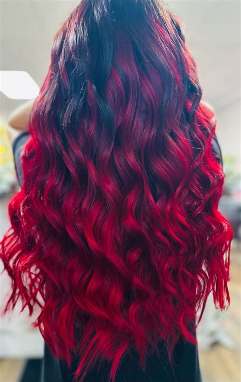 Red And Black Balayage Red Colored Hair Black And Bright Red Hair Red