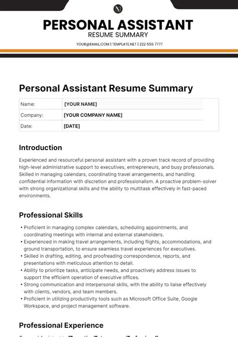 Free Personal Assistant Resume Summary Template To Edit Online