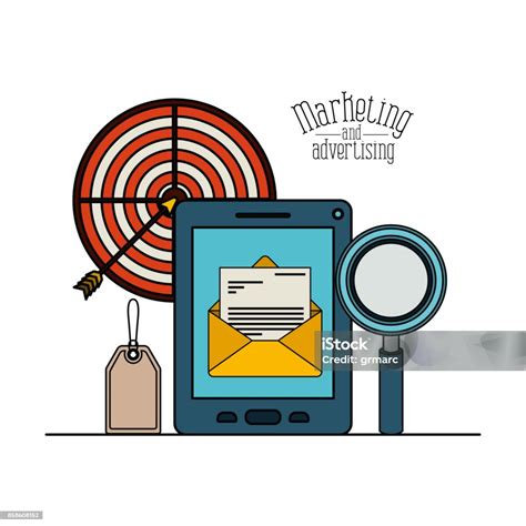 흰색 배경과 화려한 스마트폰 확대와 마케팅 및 광고에 대 한 대상 기호 메시지 이메일 설정 경영자에 대한 스톡 벡터 아트 및 기타 이미지 경영자 과녁 광고 Istock
