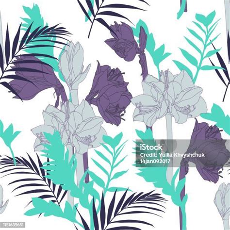 회색과 보라색 백합 꽃과 열 대 잎 아름 다운 피는 완벽 한 패턴입니다 0명에 대한 스톡 벡터 아트 및 기타 이미지 0명 꽃 나무 꽃 식물 Istock