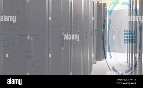 Animation Of Firewall Icon Over Round Scanner Against Computer Server Room Stock Video Footage