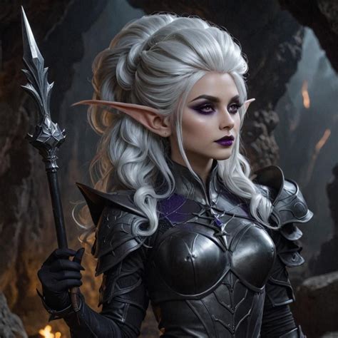 Young Female Drow Elf Very Pointy Ears Grey Skin Thick Luxurious Puffy White Bouffant Hair