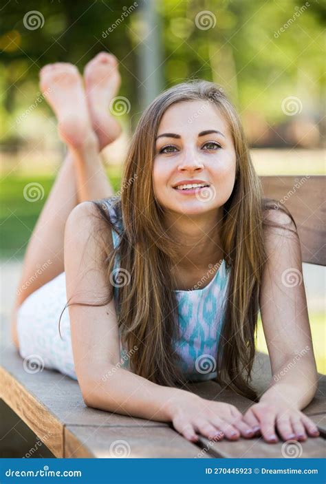 Portrait Of Smiling Adult Girl Outside In Park Stock Image Image Of
