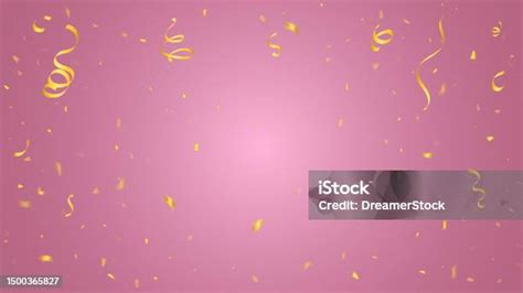 황금빛 작은 색종이와 깃발 리본이 분홍색 배경에 떨어진다 벡터 일러스트레이션 개체 그룹에 대한 스톡 벡터 아트 및 기타 이미지