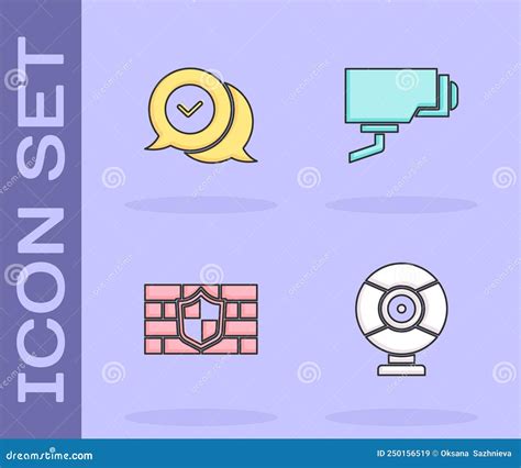Set Security Camera Check Mark In Speech Bubble Shield With Brick Wall And Icon Vector Stock