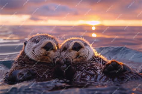 A Playful Depiction Of Sea Otters Holding Hands While Floating On Their