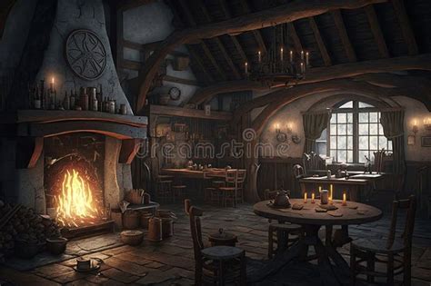 Medieval Tavern With Roaring Fire And Wooden Tables Surrounded By