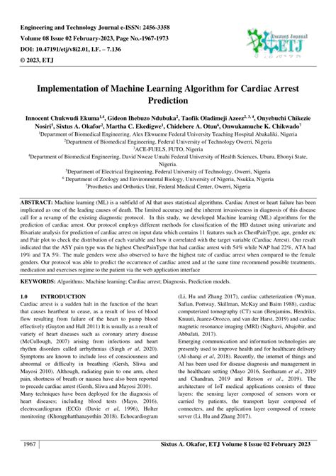 PDF IMPLEMENTATION OF MACHINE LEARNING ALGORITHM FOR CARDIAC ARREST PREDICTION