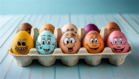 Funny Easter Eggs With Facial Expressions Eggs With Different Faces In Egg Carton Stock