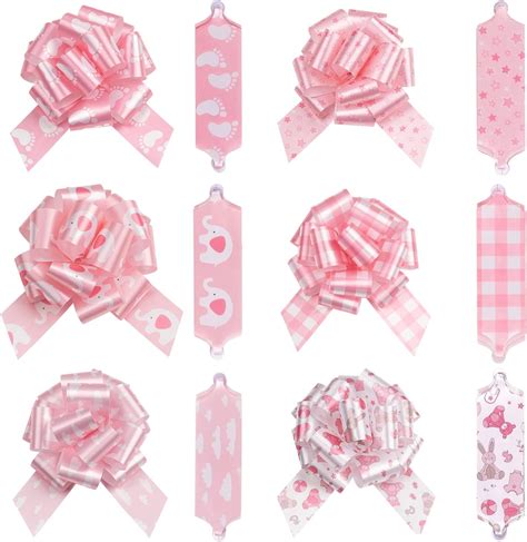 Lezakaa 12pcs Pull Bows With Ribbon Pink T Bows With Elephant Cloud Star And