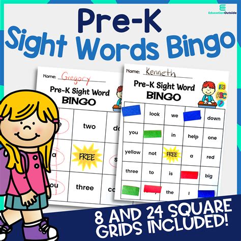 Pre K Sight Words Bingo 8 And 24 Square Grids Included