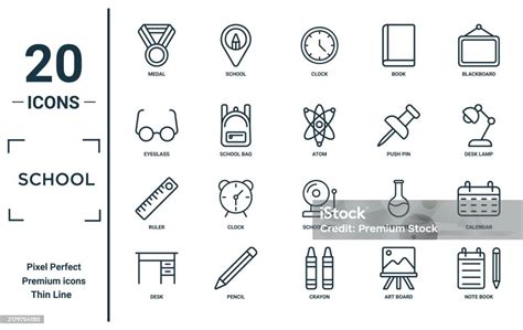 학교 선형 아이콘 세트입니다 얇은 선 메달 안경 눈금자 책상 노트북 원자 보고서 프리젠 테이션 다이어그램 웹 디자인을위한 달력 아이콘 포함 0명에 대한 스톡 벡터 아트 및