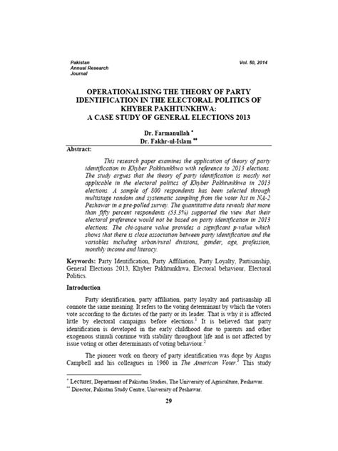 Operationalising The Theory Of Party Identification In The Electoral Politics Of Khyber