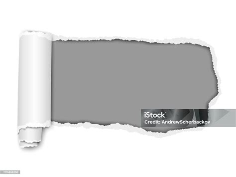 구멍에 부드러운 그림자 종이 컬과 회색 배경과 밝은 흰색 종이에 오른쪽에서 왼쪽으로 길게 찢어진 구멍 벡터 그림입니다 종이 모형 0명에 대한 스톡 벡터 아트 및 기타 이미지