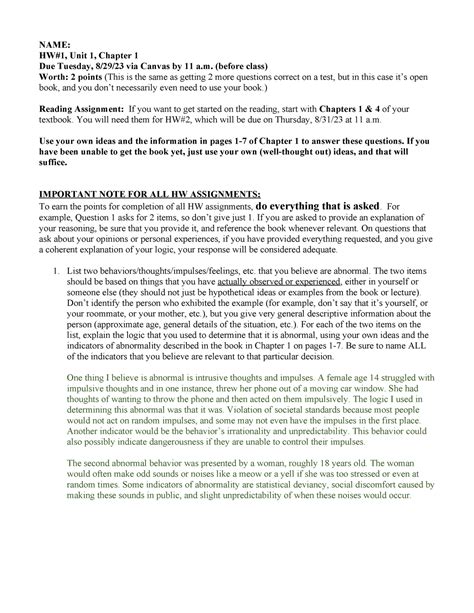 HW Due BREWSTER ABNORMAL HW NAME HW Unit Chapter Due Tuesday Via