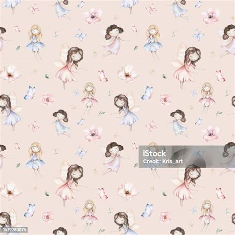 요정과 꽃 수채화 매끄러운 소녀 보육 패턴입니다 만화 핑크 마술 소녀 아기 배경 페이티테일 텍스타일 아트 개체 그룹에 대한 스톡 벡터 아트 및 기타 이미지 Istock