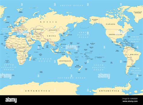 Pacific Centered World Map Political Map In Cylindrical Projection