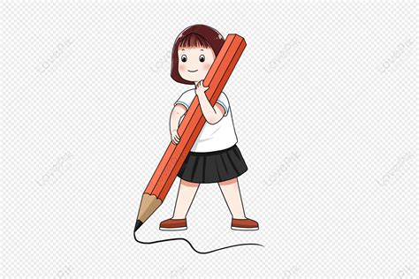 큰 연필 쓰기를 들고 소녀 Png 일러스트 무료 다운로드 Lovepik