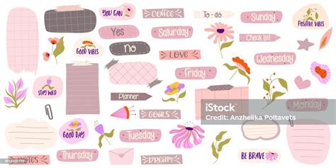 스티커 플래너 다양한 종이 노트 텍스트와 꽃이 있는 미적 스티커 노트 손으로 그린 귀여운 컬렉션 배지 텍스트 및 알림에 대한 프레임입니다 플랫 벡터 그림 개체 그룹에 대한