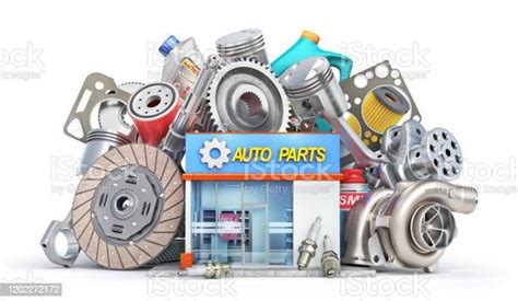 자동차 부품 근처의 자동차 부품은 흰색 배경에 격리 저장됩니다 3d 일러스트레이션 3차원 형태에 대한 스톡 사진 및 기타 이미지 3차원 형태 건물 외관 건물 정면