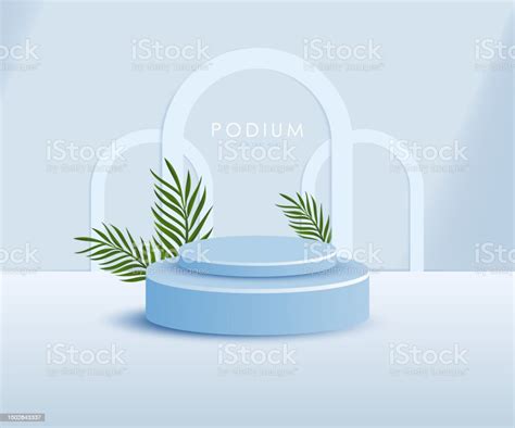 3d 제품 연단과 야자수 잎이 있는 현대적인 하늘색 색상의 받침대 0명에 대한 스톡 벡터 아트 및 기타 이미지 0명 3차원 형태 강단 Istock