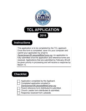 Fillable Online Lakesidebiblecamp TCL Application Lakeside Bible Camp Fax Email Print PdfFiller
