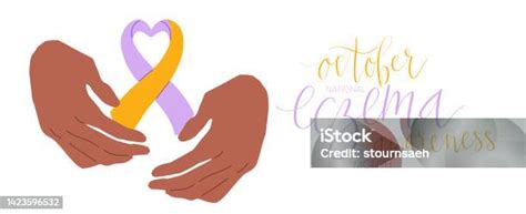 습진 국가 인식의 달 10 월 필기 편지와 보라색과 주황색 지원 리본 웹 배너 벡터 템플릿 10월에 대한 스톡 벡터 아트 및 기타 이미지 Istock