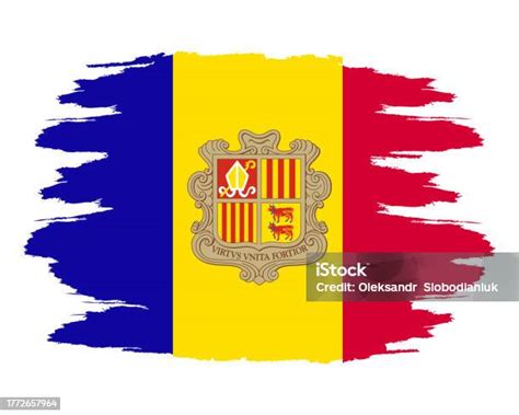 디스트레스드 플래그 안도라 그런 지 질감의 안도라 플래그입니다 독립 기념일 배너 포스터 템플릿 코트 팔이 있는 안도라 국기 그려진 붓 깃발 안도라 공화국 공휴일에 대한 스톡