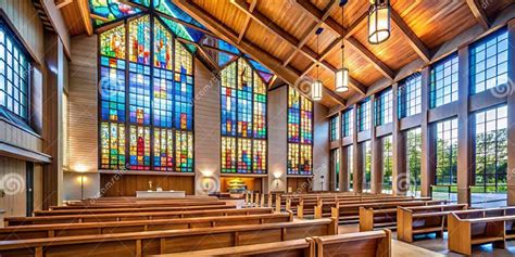 A Church Interior with Stained Glass Windows and Wooden Pews, Stained Glass, Church Interior ...